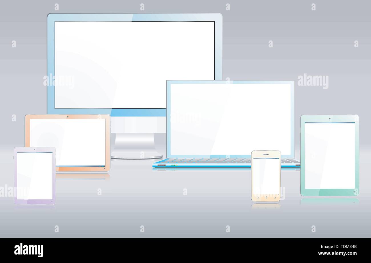 Realistic Colored Modern Computer Devices with monitor, laptop, tablet ...