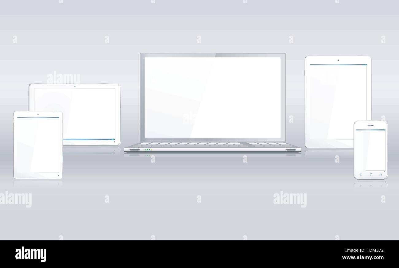 Realistic White or Steel Computer Mobile Devices with Laptop Tablet and ...