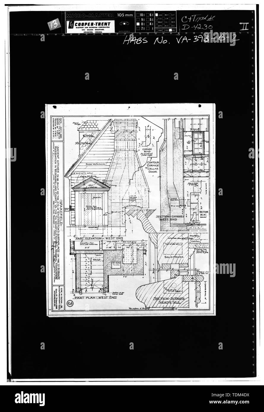 PART ELEVATION OF WEST END; SECTIONS OF CHIMNEY (WEST END) AND DORMER ...