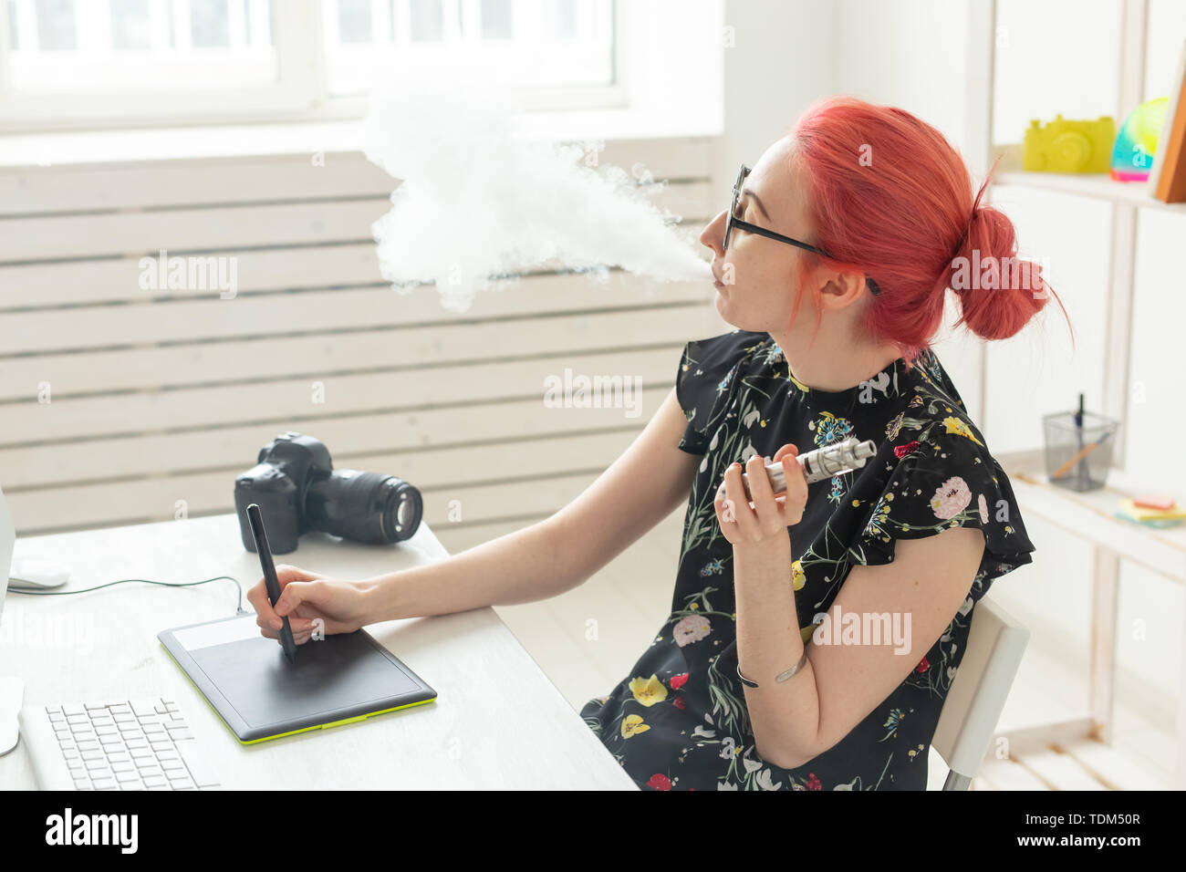 graphic designer concept - Female graphic designer working on computer ...