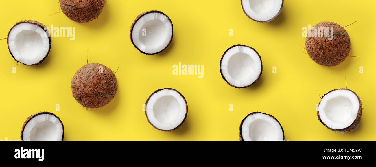 Pattern with ripe coconuts on yellow background. Pop art design ...