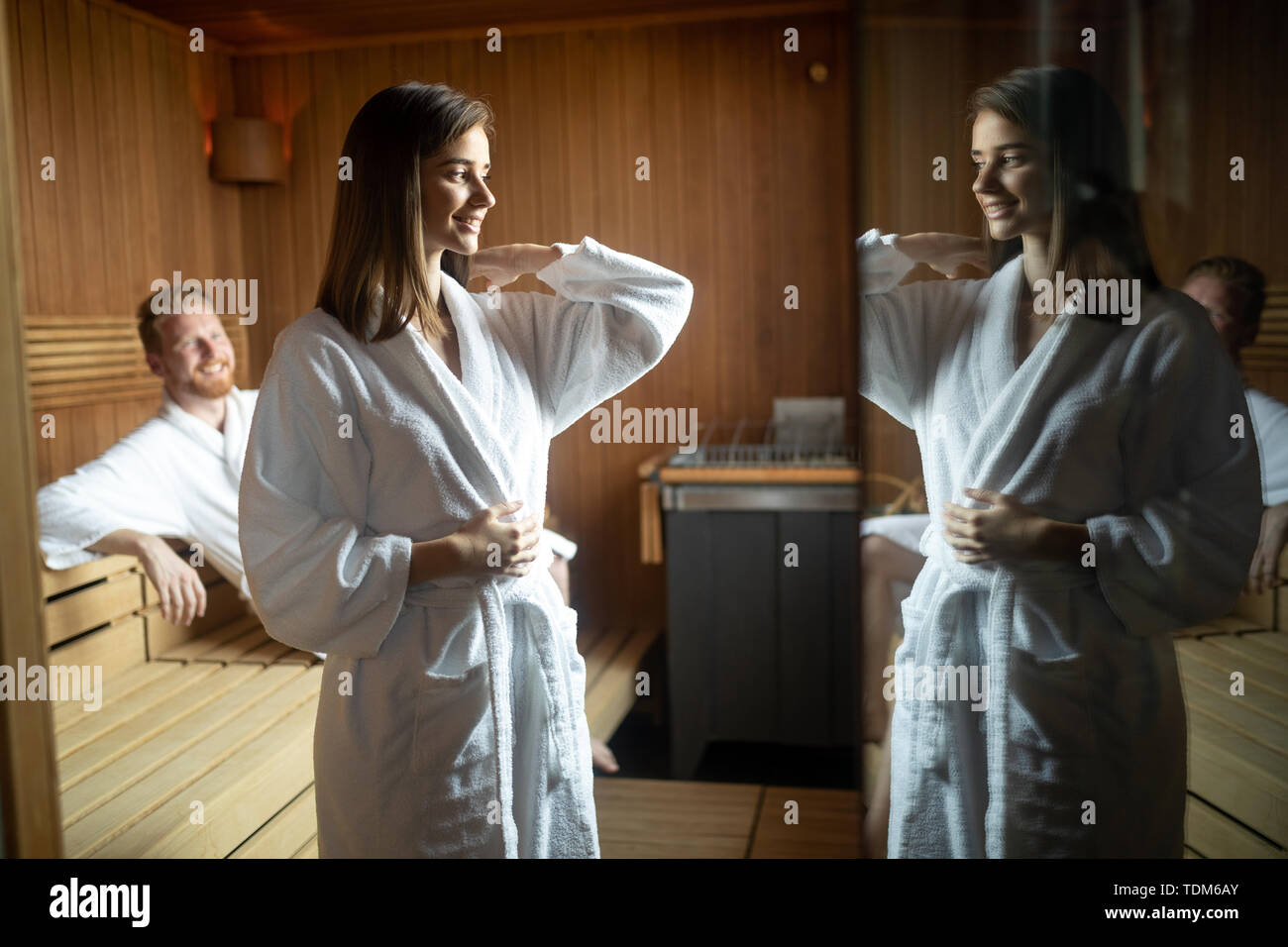 People enjoying sauna health benefits and relax Stock Photo - Alamy
