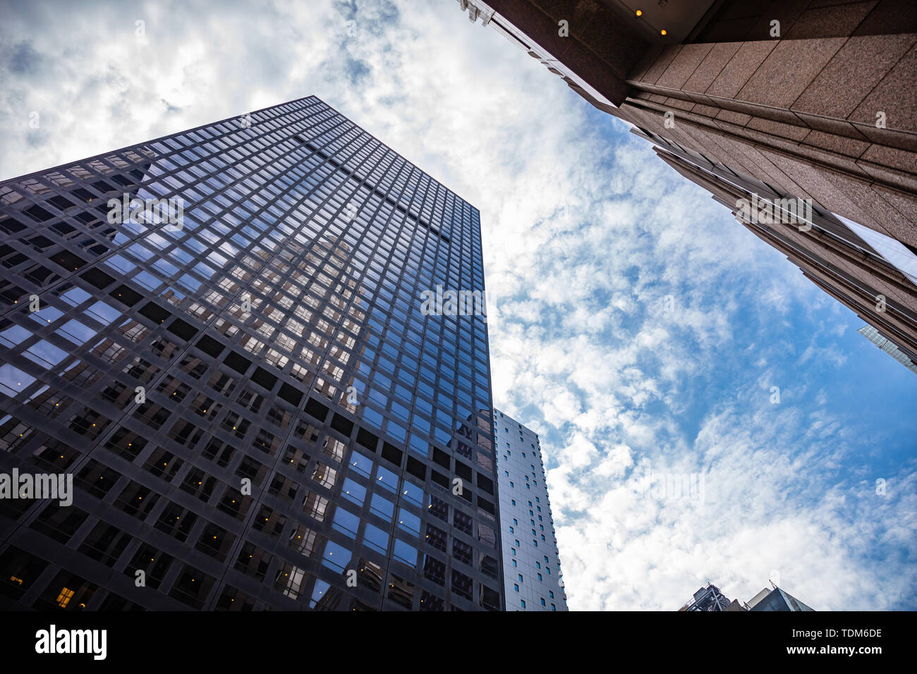New York, Manhattan commercial center. Skyscrapers perspective view ...