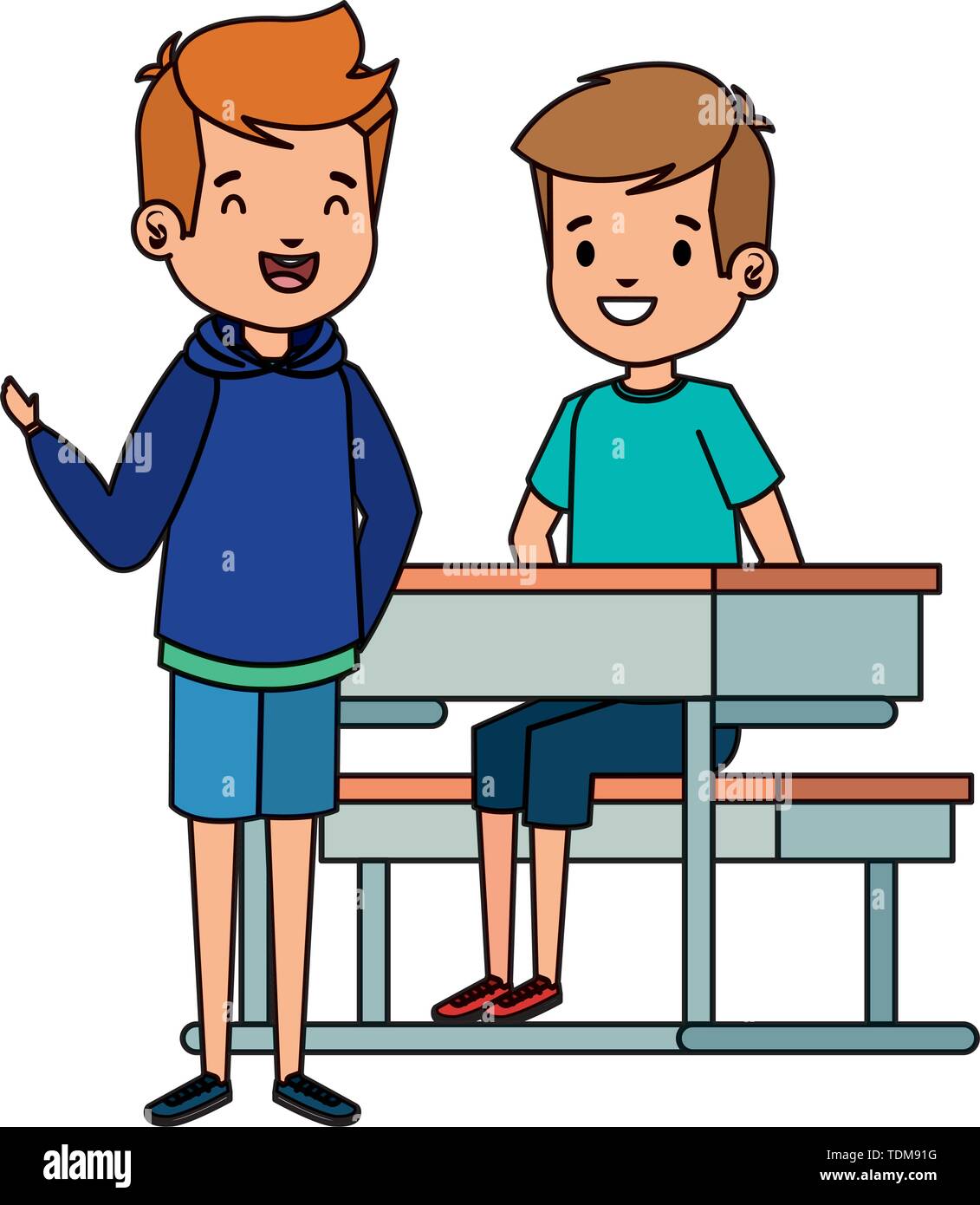 happy little students boys seated in school desk Stock Vector Image ...