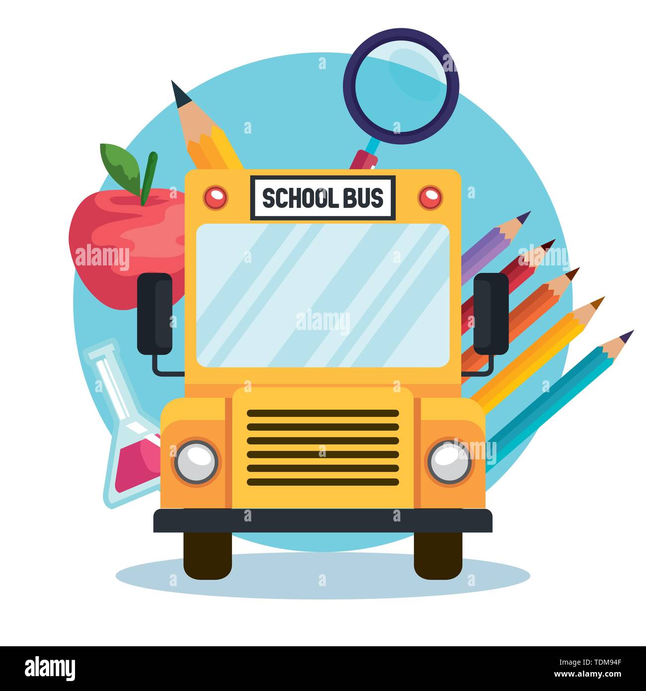 school bus with pencils colors and apple fruit with pencil Stock Vector ...