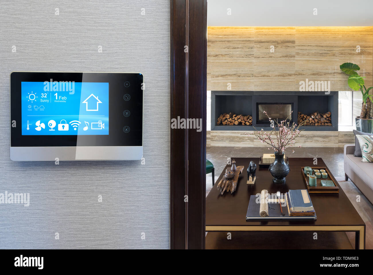 smart screen with smart home with modern living room Stock Photo - Alamy
