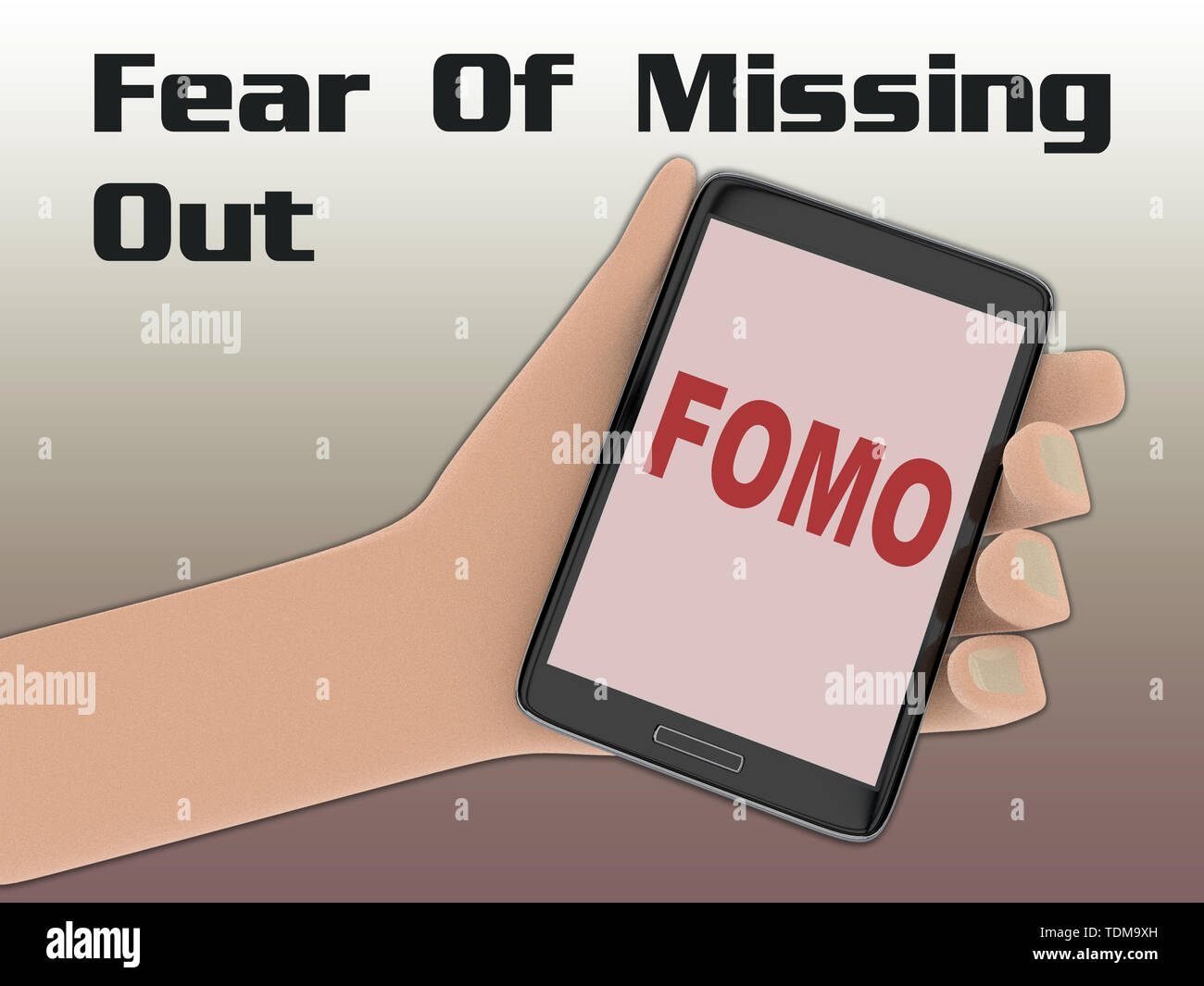 3D illustration of FOMO script on the screen of a cellulr phone held by ...