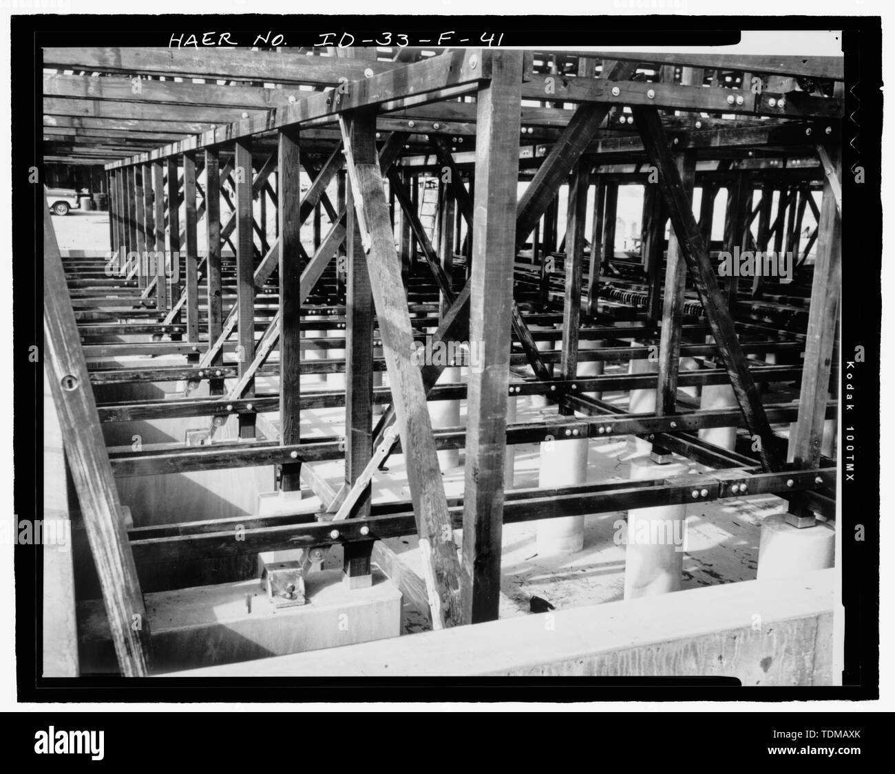 PBF Cooling Tower detail. Camera facing southwest. Wood fill rises from ...