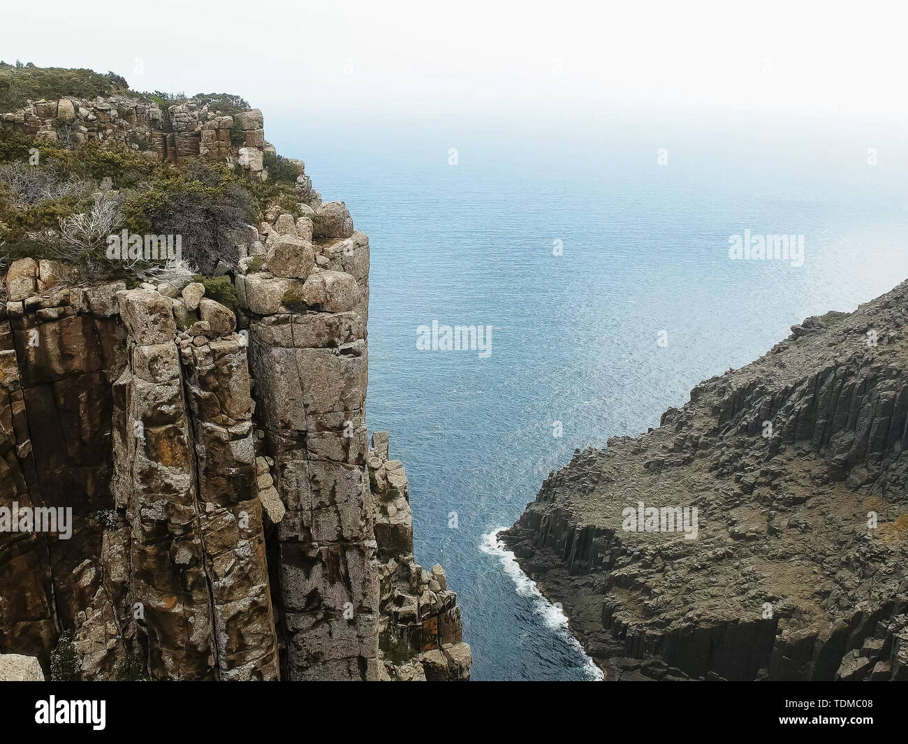 view looking down of spectacular sea cliffs at cape pillar in tasmania ...