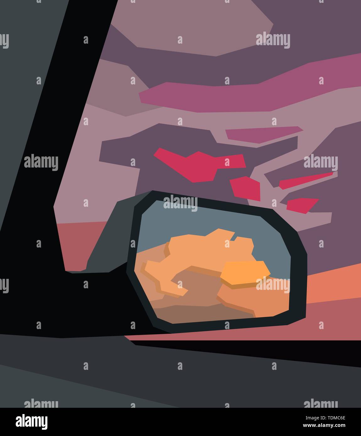 Colorful cartoon sunset in the sky, view from the car window, adventure ...