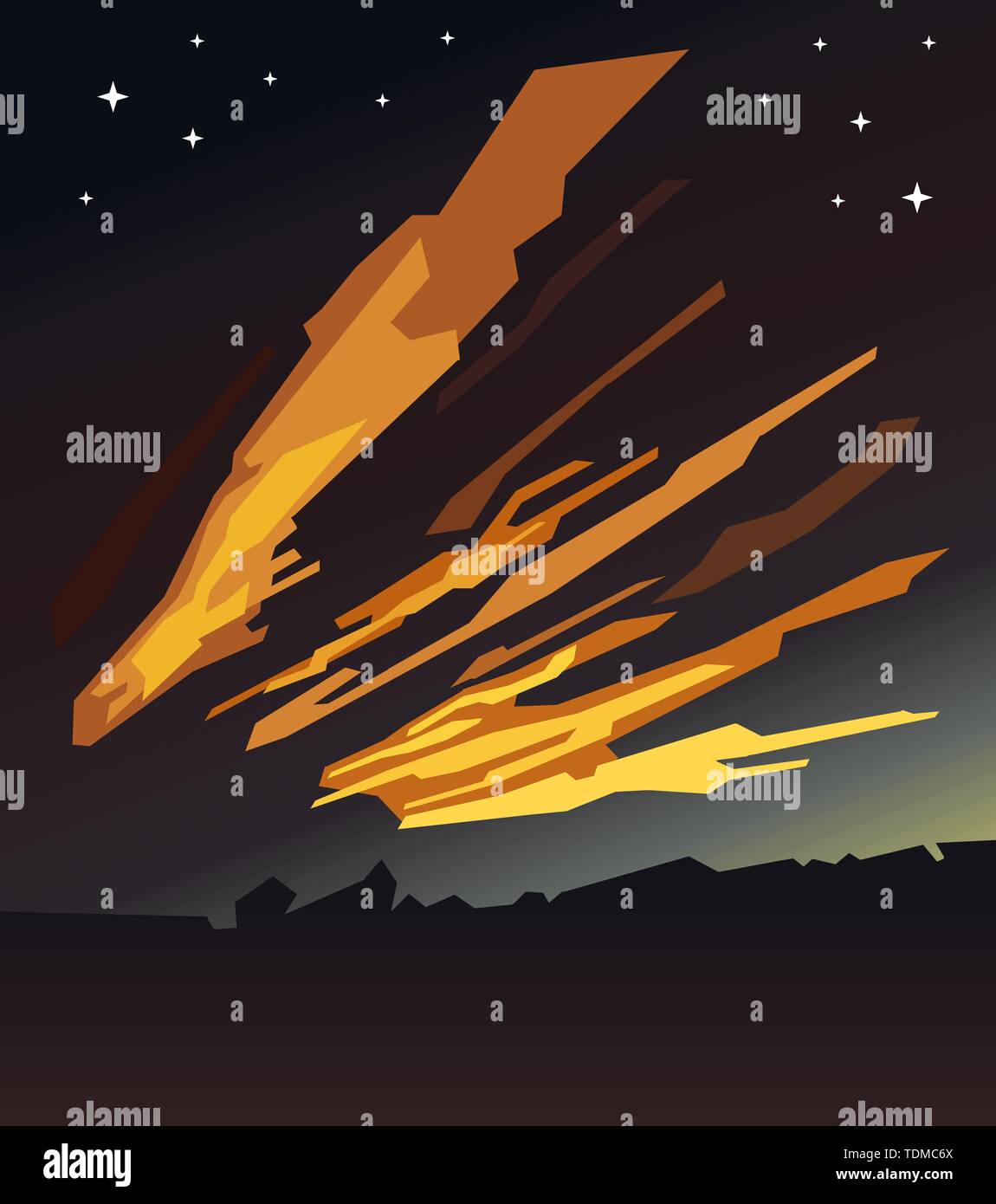 A comet, an asteroid, a meteorite falls to the ground against a starry ...