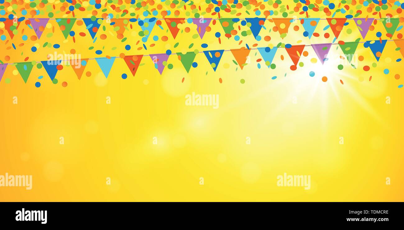 colorful confetti rain party flags on yellow sunny summer background ...