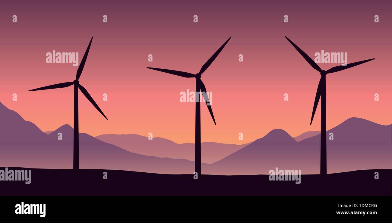 windmills on purple nature landscape wind power energy vector ...