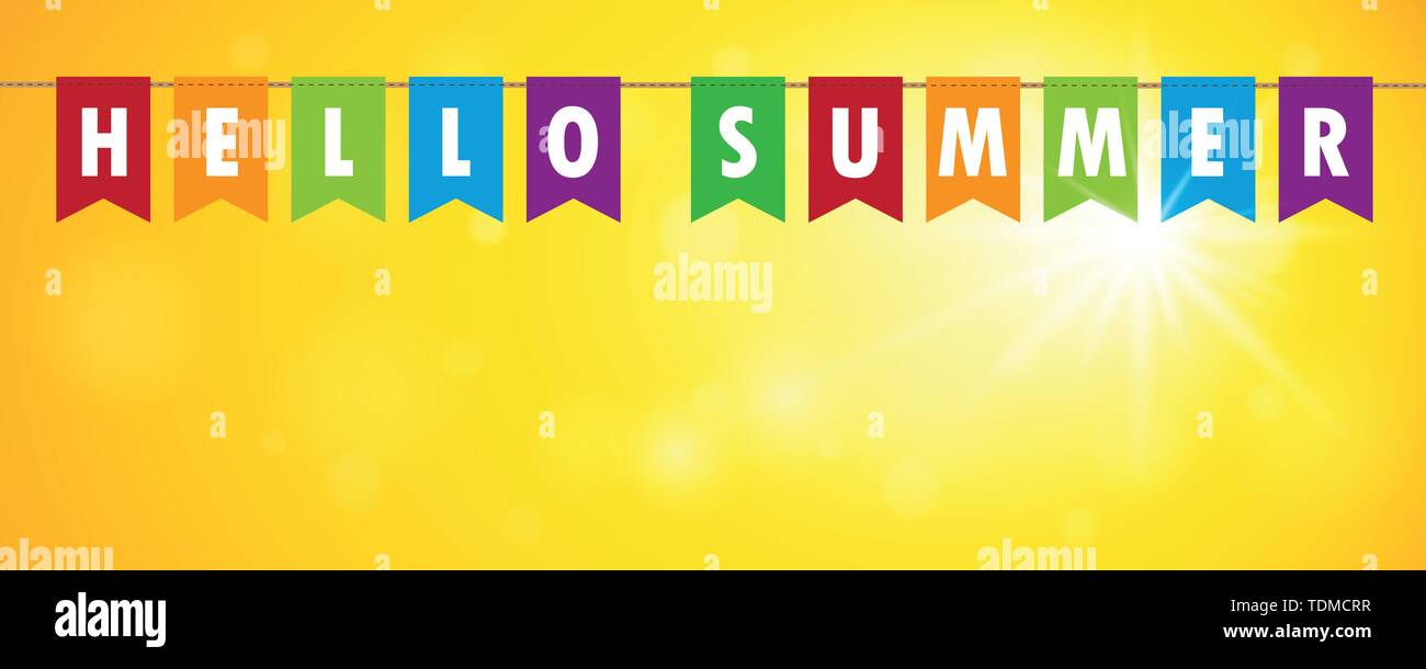 hello summer party flags banner on yellow sunny background vector ...