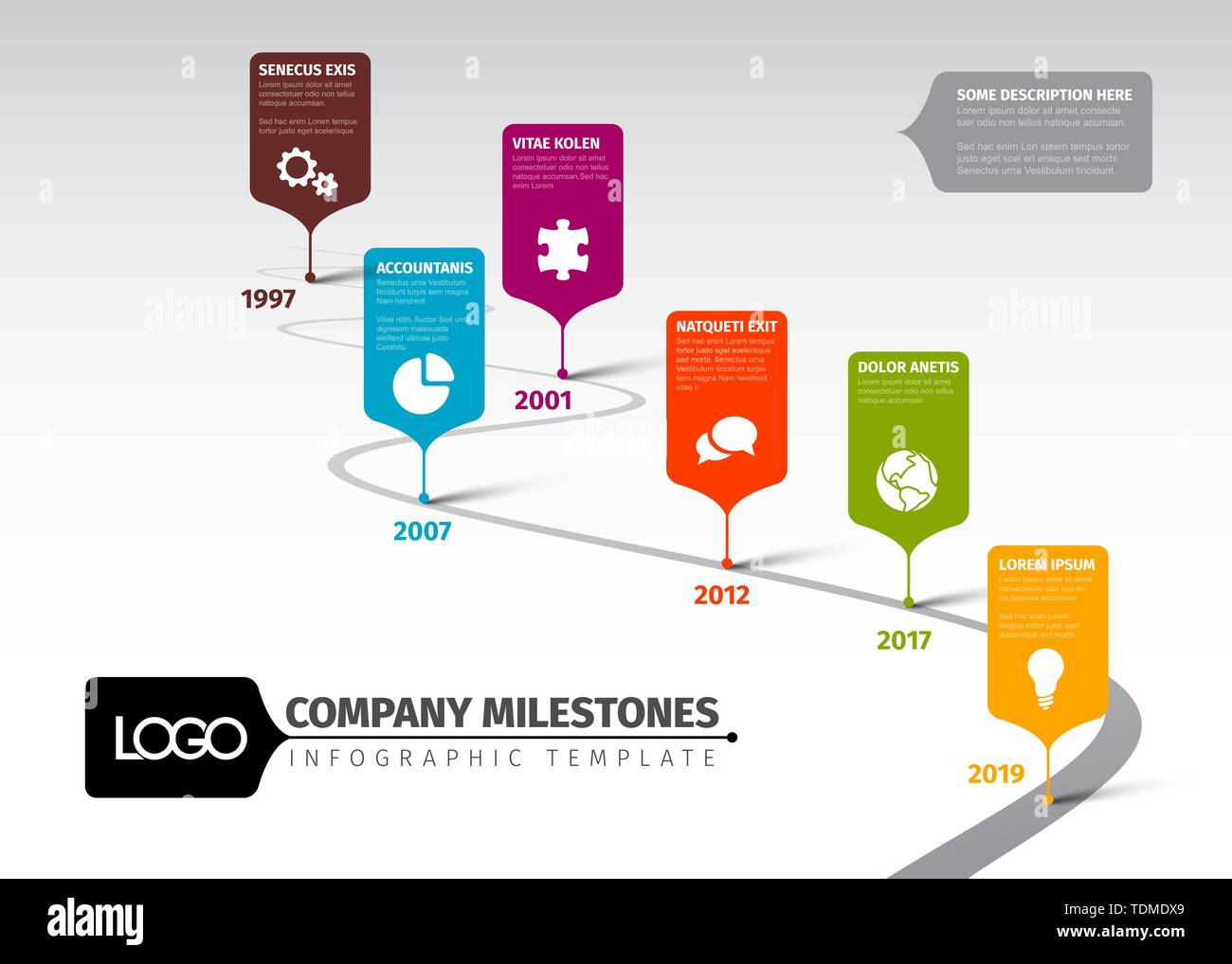 Vector Infographic vertical curved timeline report template with icons ...