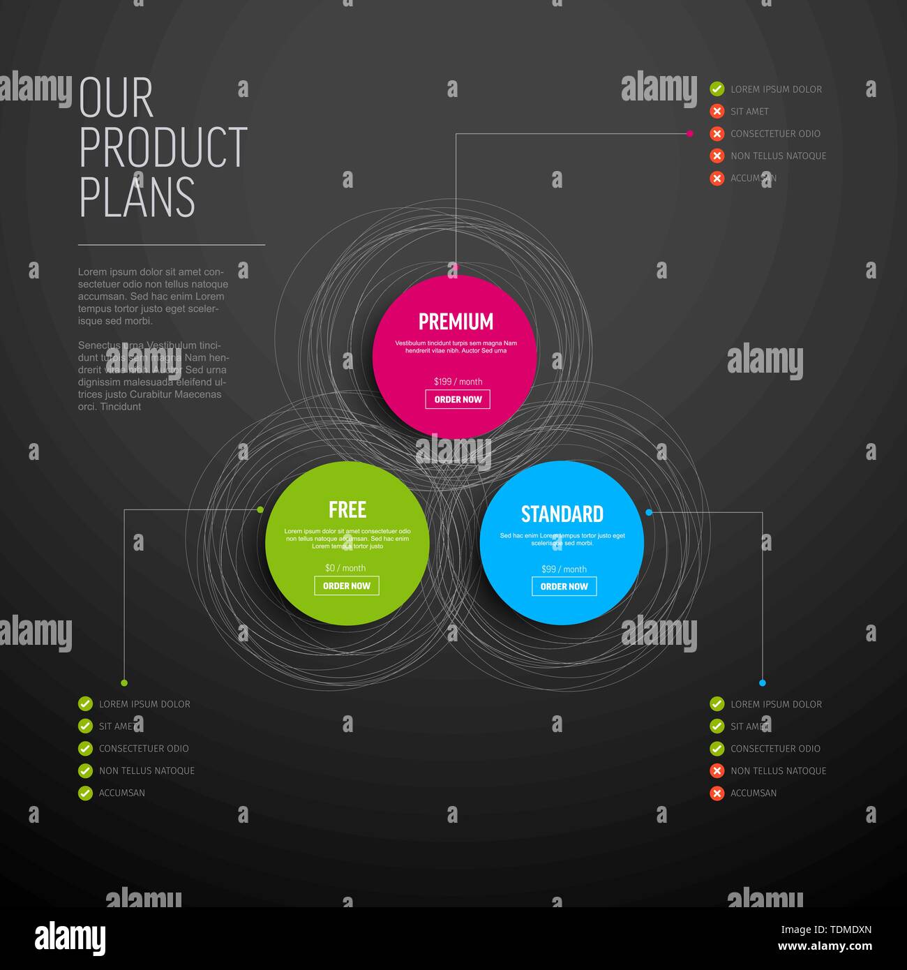 Product features schema template with three services, feature lists ...