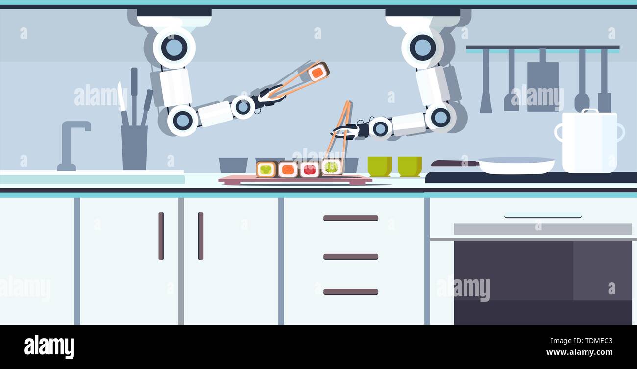 smart handy chef robot preparing sushi using chopsticks robotic ...