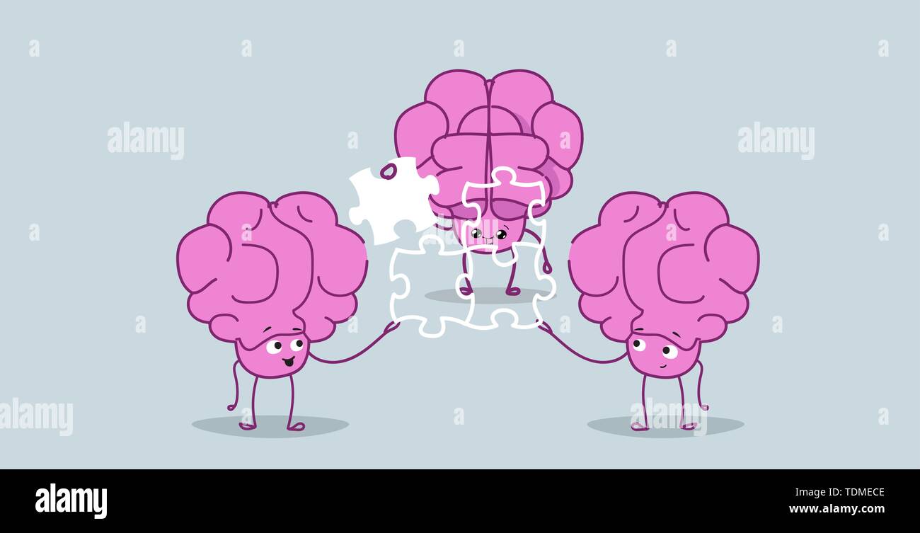 cute human brains putting parts of puzzle together pink cartoon ...