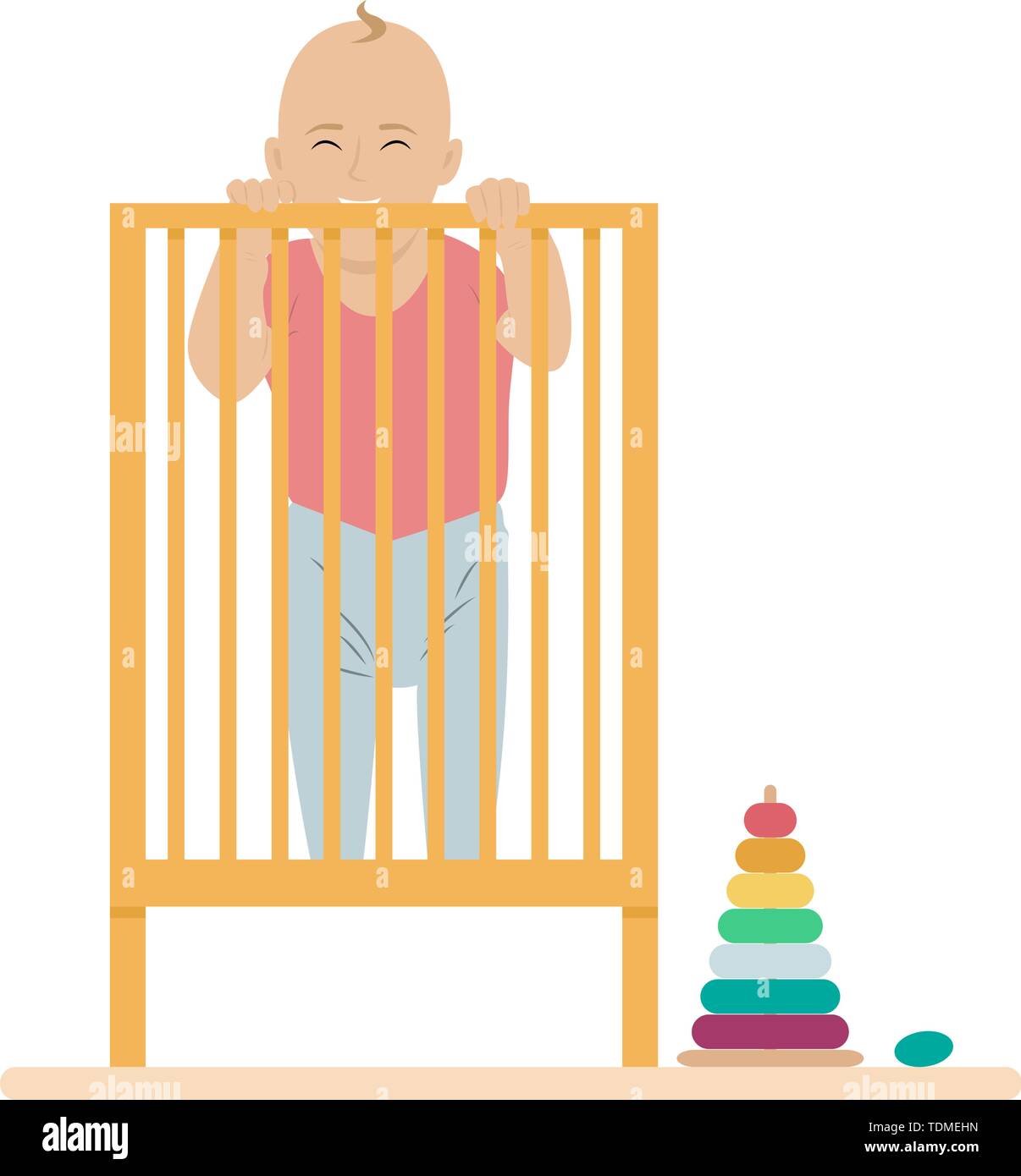 the baby is in the baby bed. The child learned to get up. Flat cartoon ...