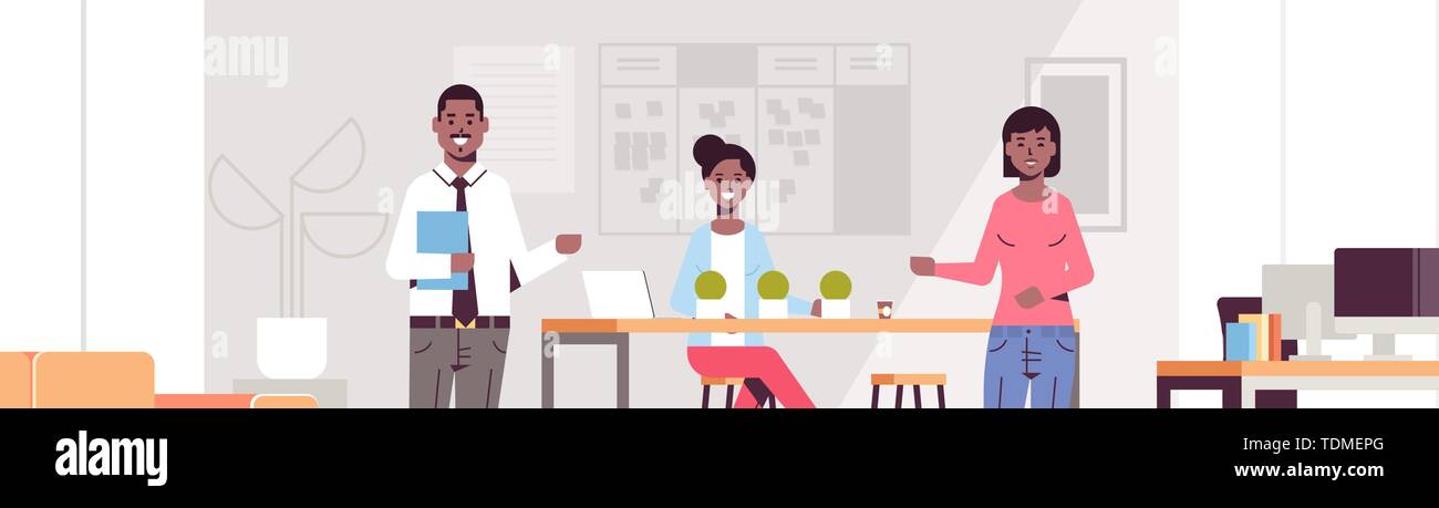 couple coworkers pointing at new female employee introducing hired ...