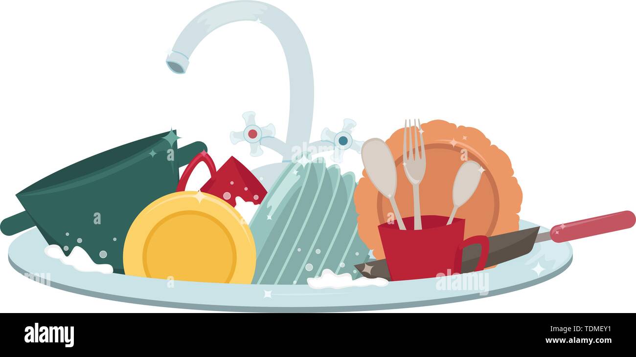 Kitchen sink with clean dishes and towels. Housework. Flat cartoon ...