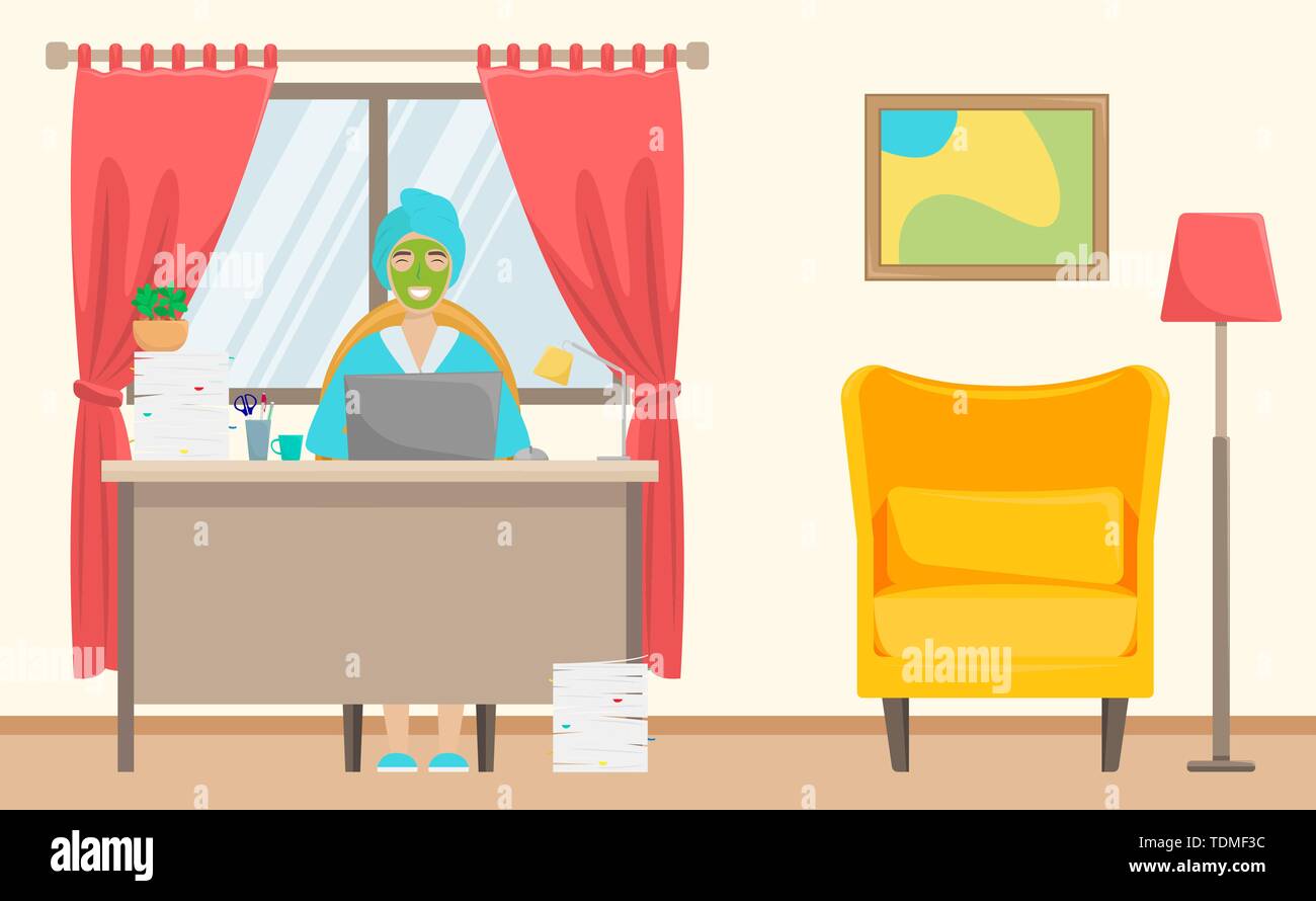 A girl with a towel on her head and a facemask works from home. Remote ...