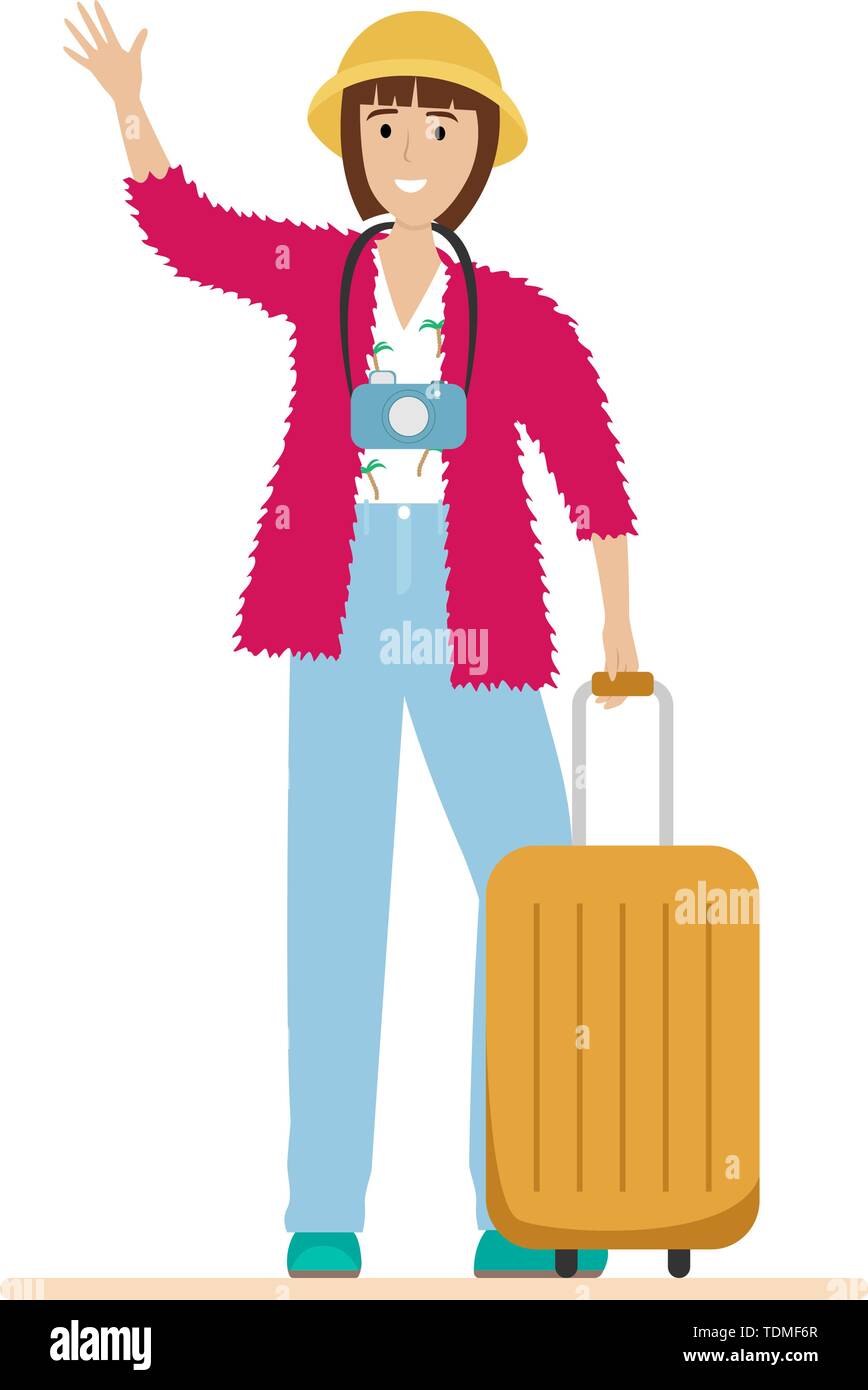 A happy tourist with a camera and a suitcase is going on vacation ...