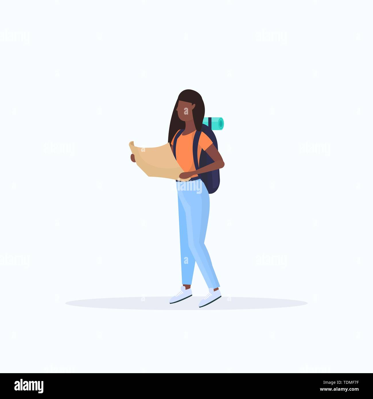 woman hiker with backpack holding travel map african american girl ...