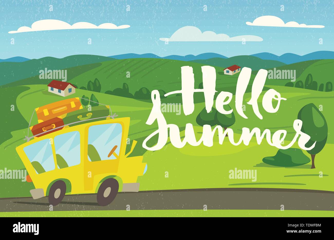 Vector summer poster nature landscape background with yellow bus Stock ...