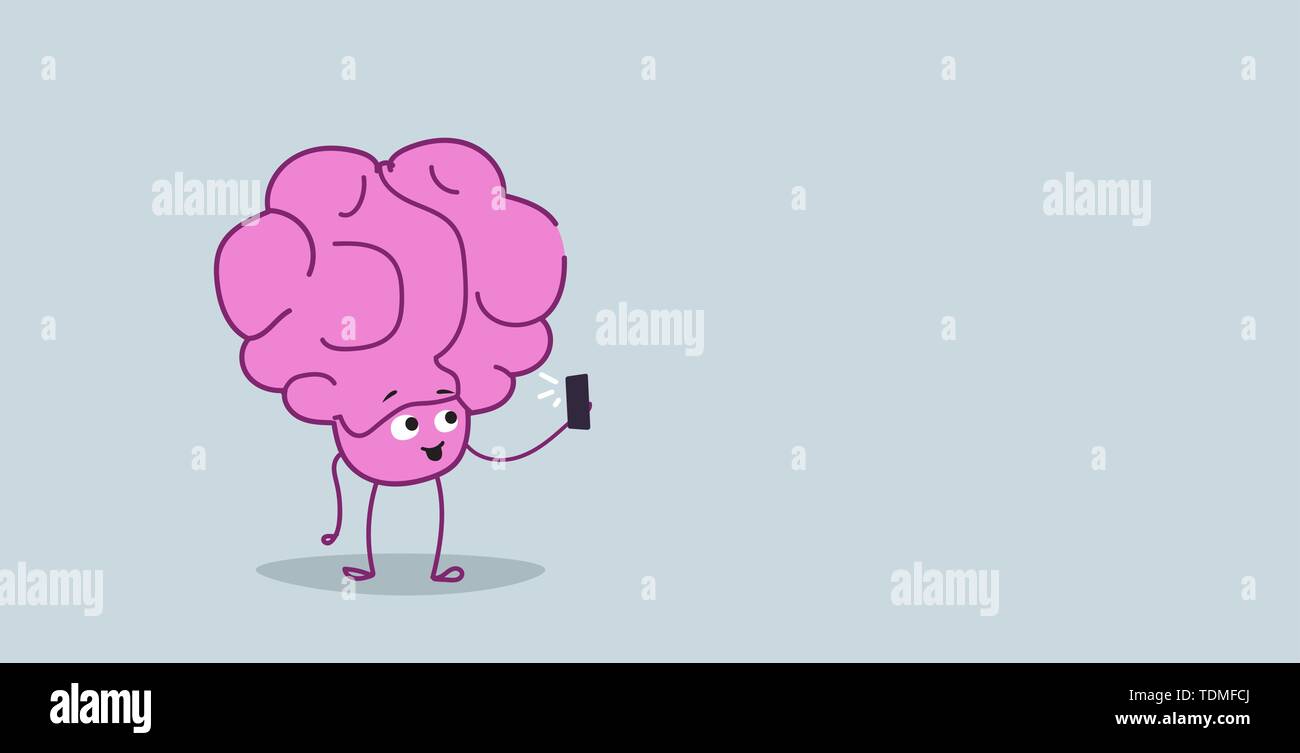 cute human brain taking selfie photo pink cartoon character using ...