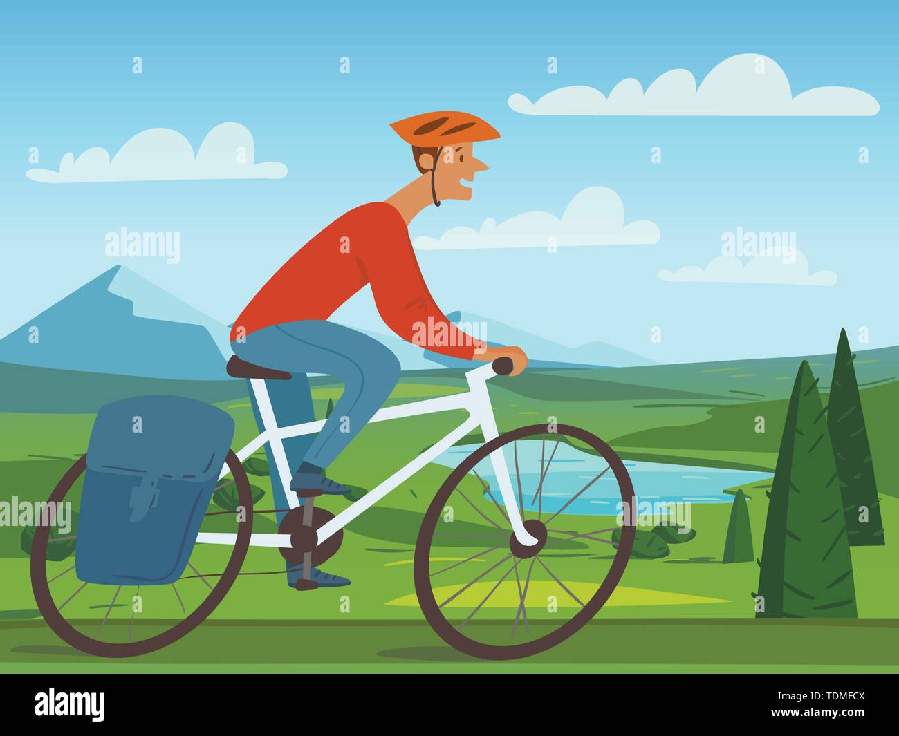 Vector travel illustration with nature and a tourist character riding a ...