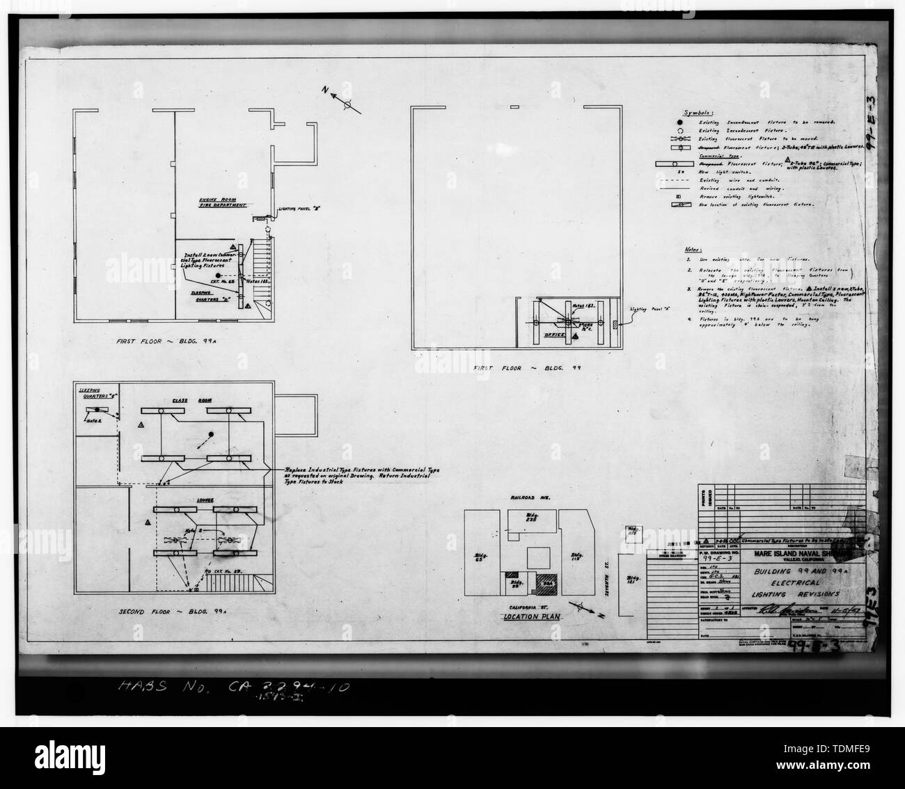 PHOTOCOPY OF DRAWING 99-E-3, BUILDING 99 AND 99A ELECTRICAL LIGHTING ...