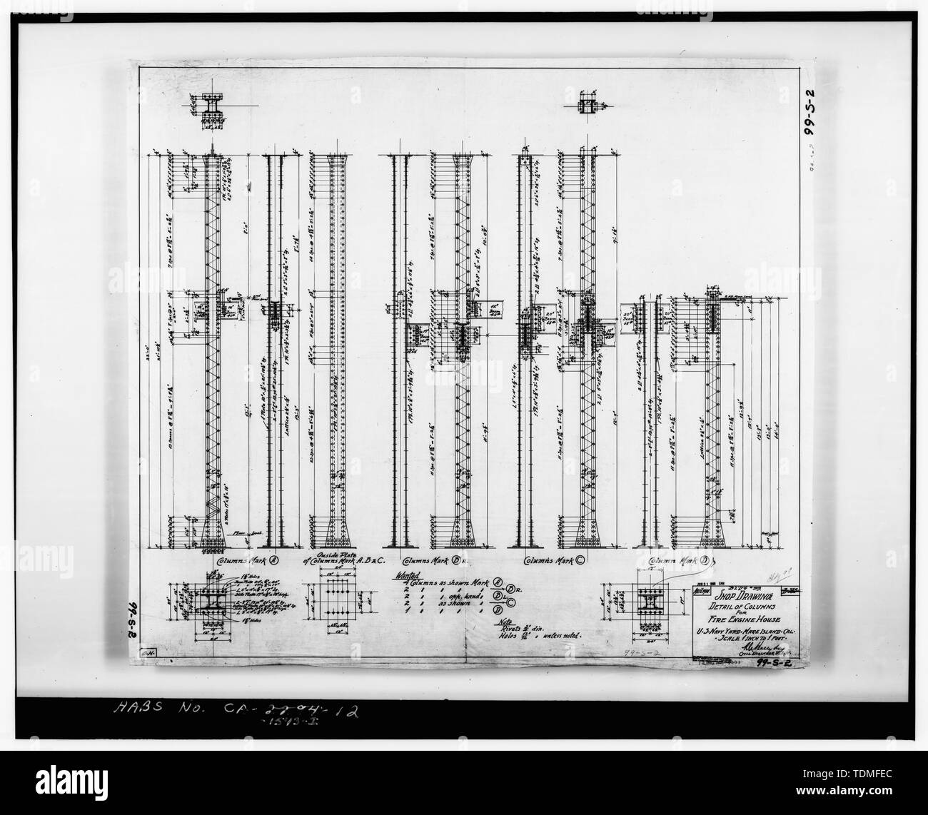 PHOTOCOPY OF DRAWING 99-S-2, SHOP DRAWING, DETAIL OF COLUMNS FOR FIRE ...