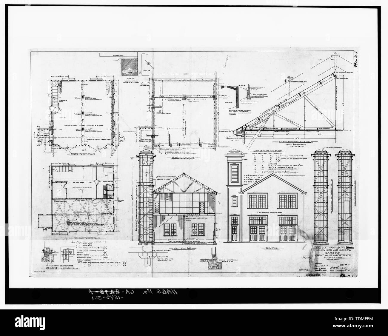 PHOTOCOPY OF DRAWING 99A-A-1, PLANS FOR ENGINE HOUSE AND HOSE TOWER ...