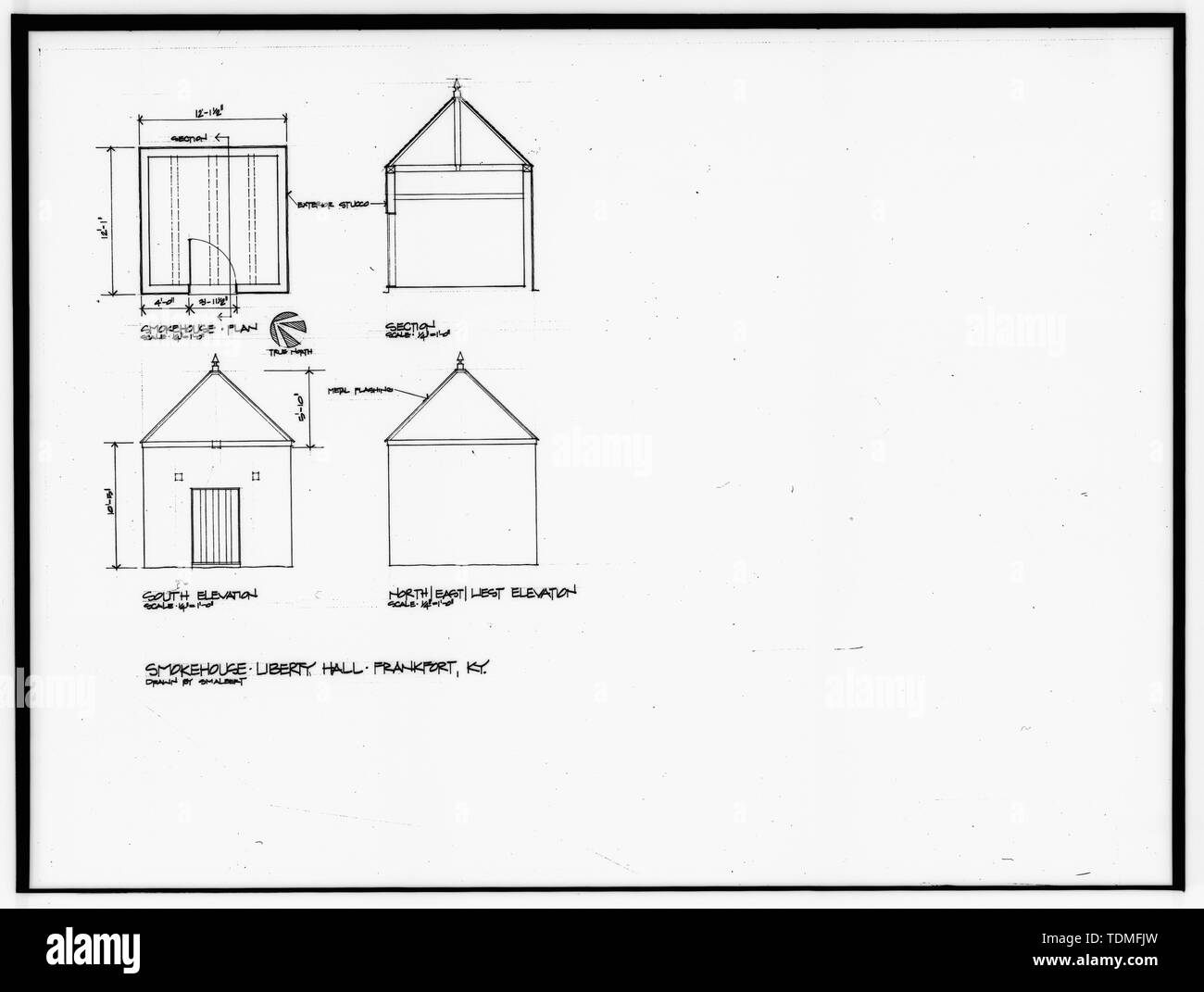 PHOTOCOPY OF DRAWING, SMOKEHOUSE, PLAN, SECTION, SOUTH ELEVATION, NORTH ...