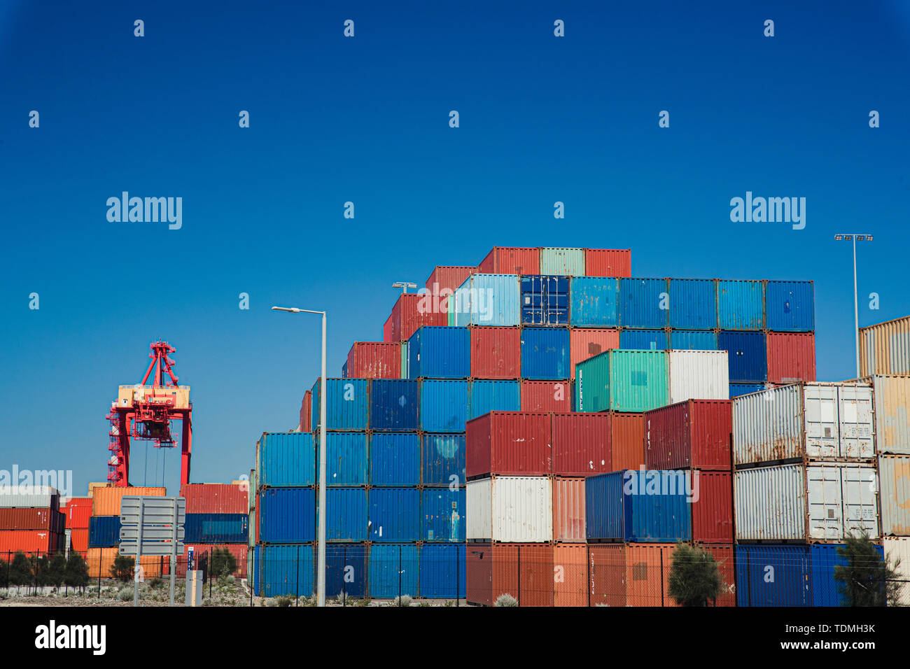 Wide angle view of stacks of shipping containers at a dock in Perth ...