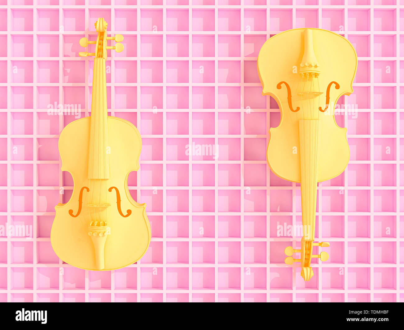 yellow violins on pink geometric 3d background, flat ray render image ...