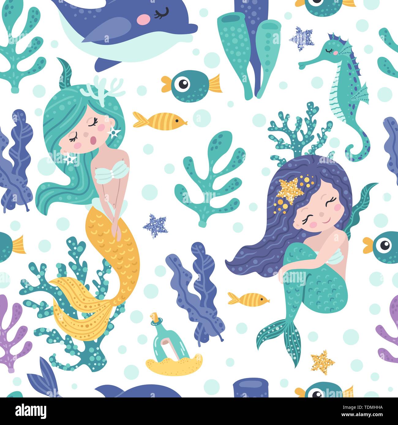 Little cute mermaid with fishes and hi-res stock photography and images ...