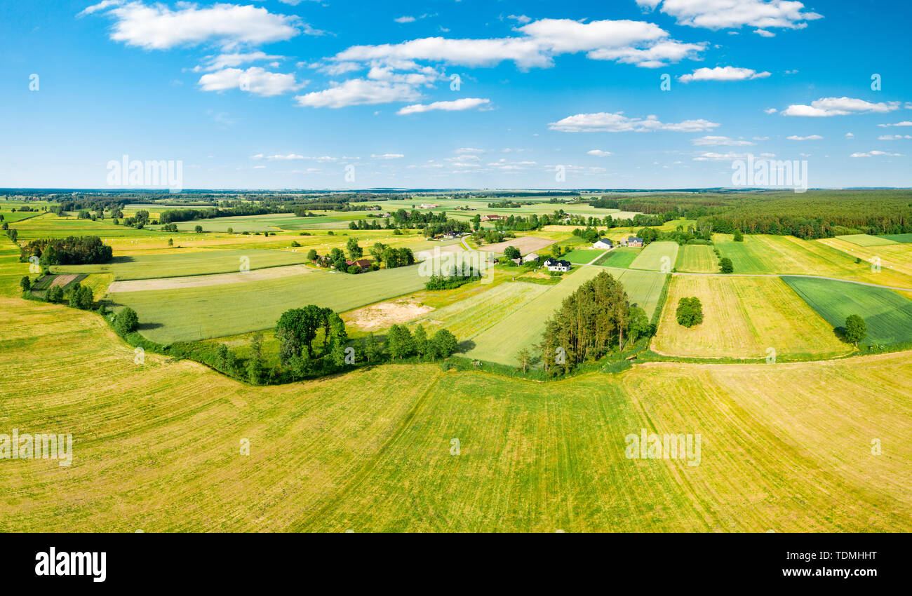 Green fields and trees of Polish countryside stretch to the horizon ...