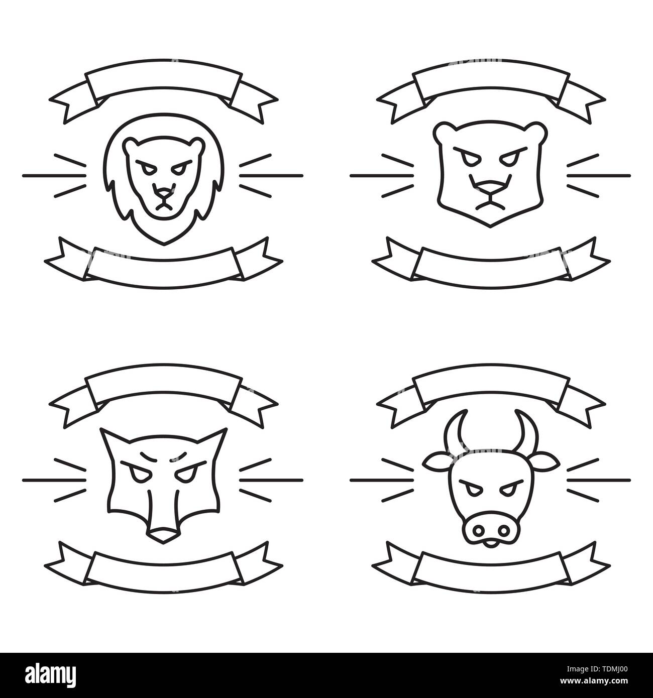 Set of icons or logos with ribbons, with wild and farm animals. Vector ...