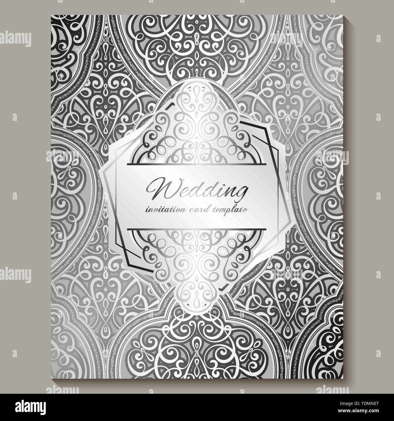 Wedding invitation card with silver shiny eastern and baroque rich ...