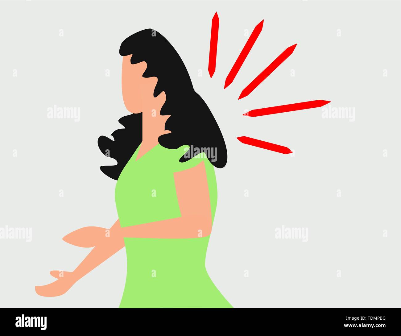 Woman having headache, migraine, pressing hand to her forehead. Half ...