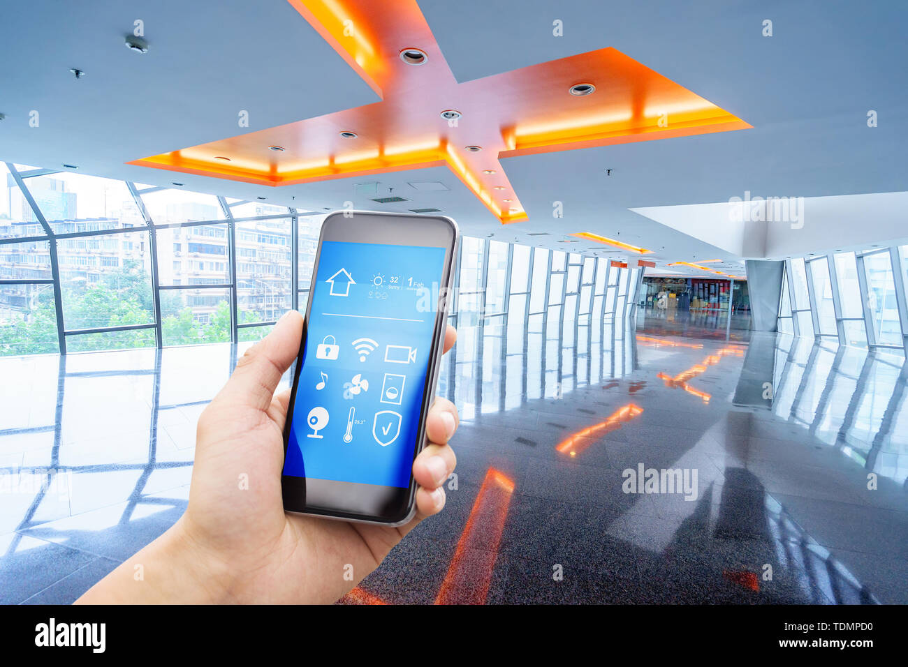 smart phone with smart home with modern corridor Stock Photo - Alamy