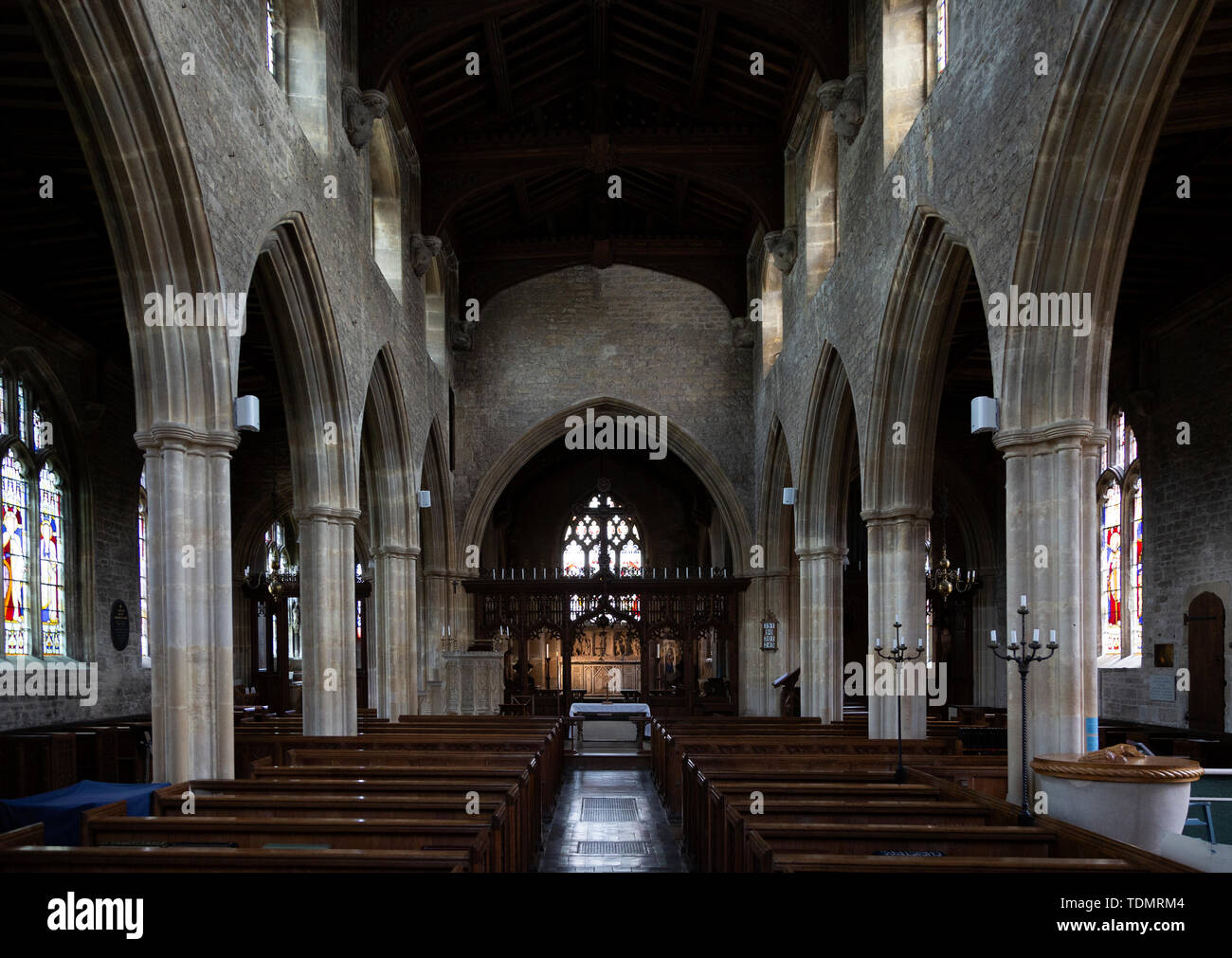 Inside village parish church of Saint Andrew, Mells, Somerset, England ...