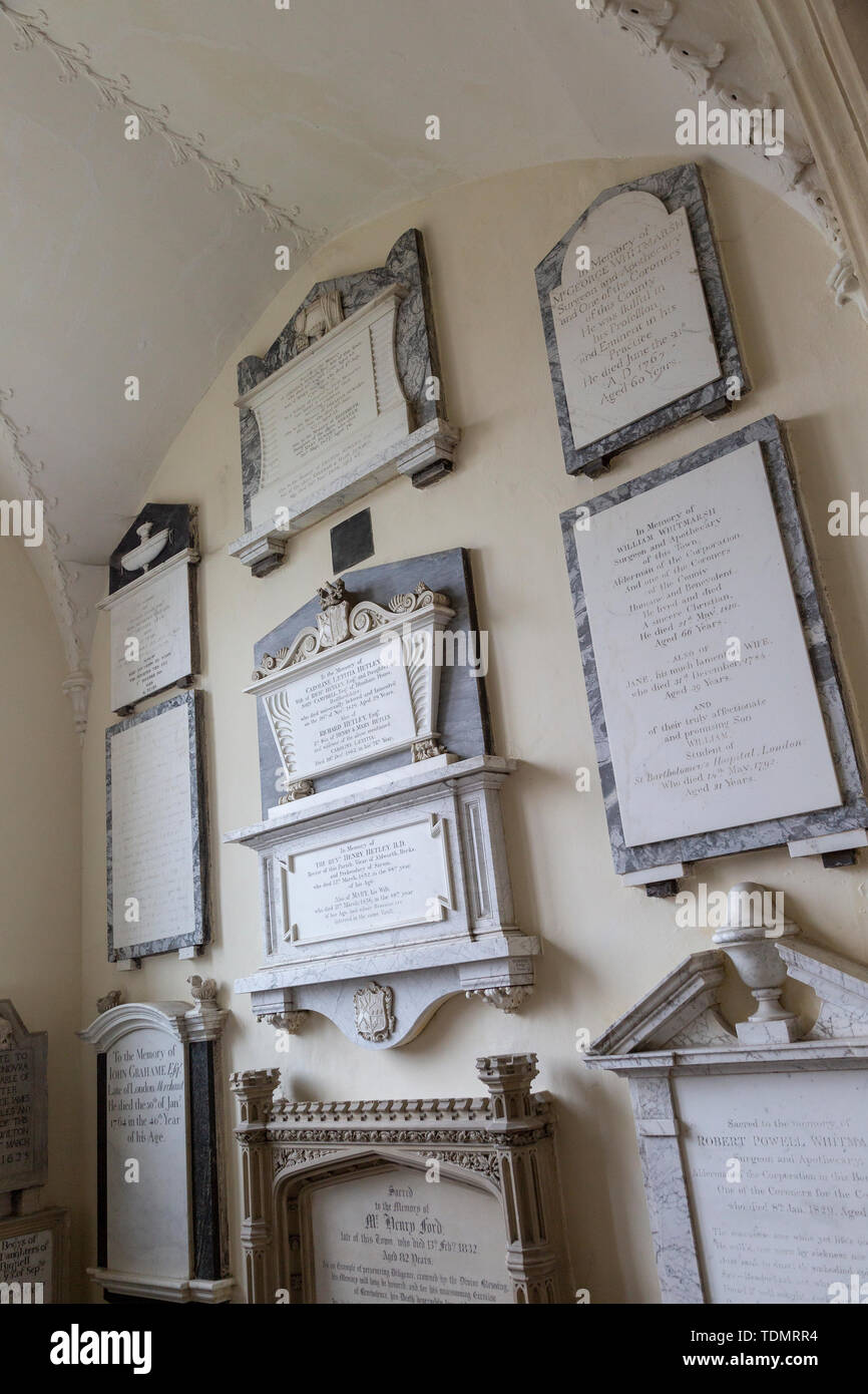 Wall memorial monuments inside church of Saint Mary, Wilton, Wiltshire ...