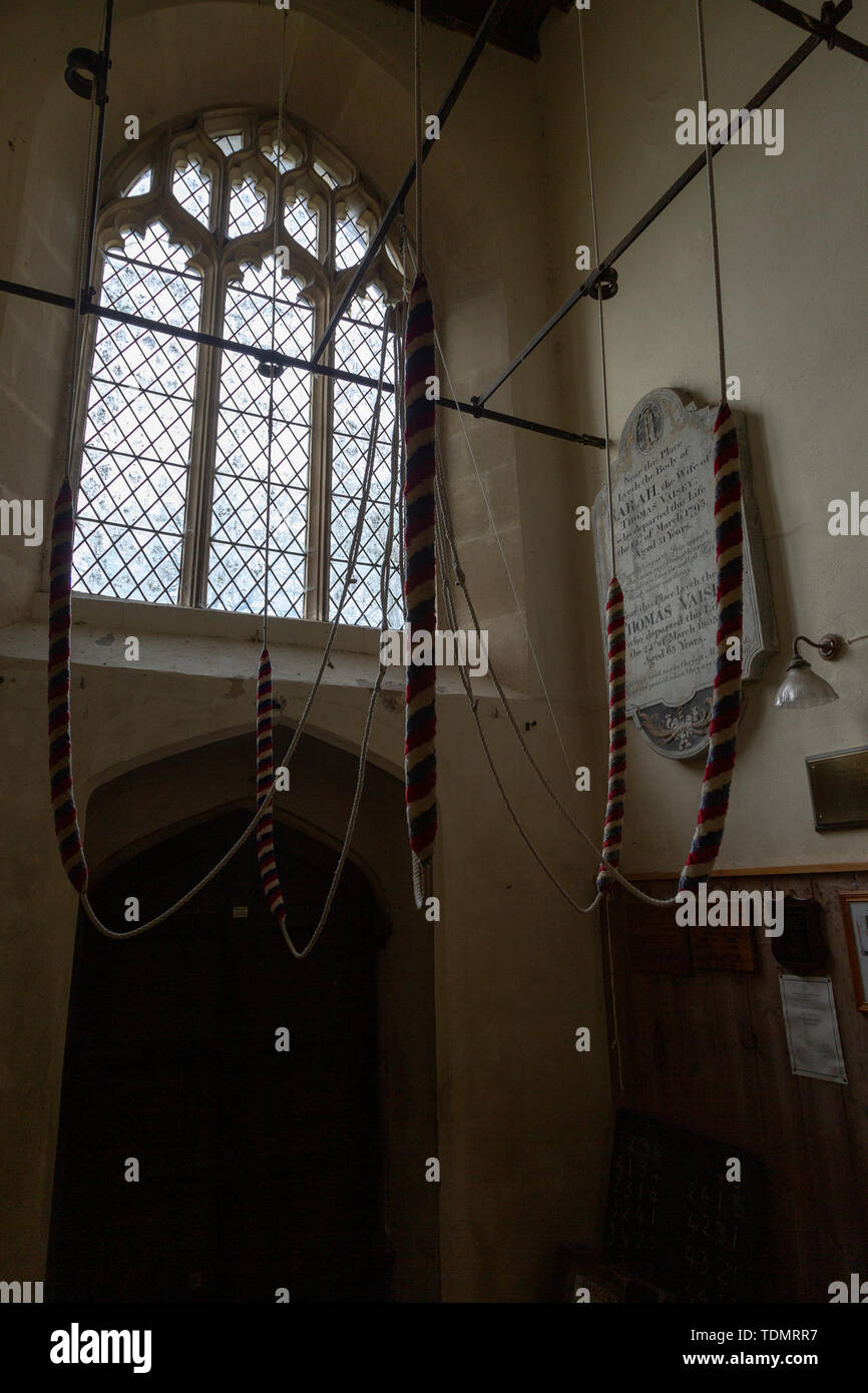Bell tower ropes inside village parish church of All Saints, Yatesbury ...
