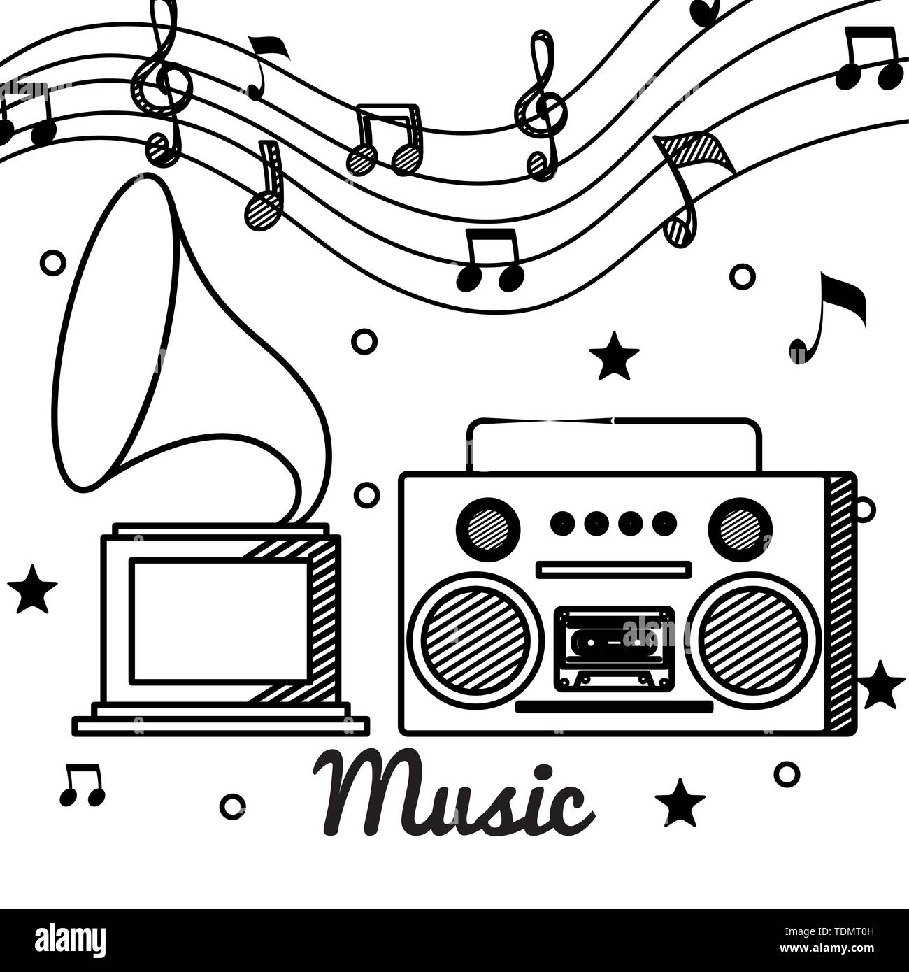 turntable and radio with treble clef and quaver with beam notes Stock ...