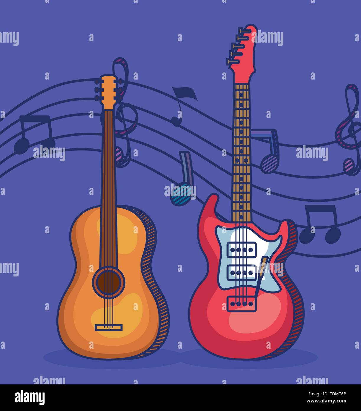 guitars instruments with treble clef and quaver with beam notes Stock ...