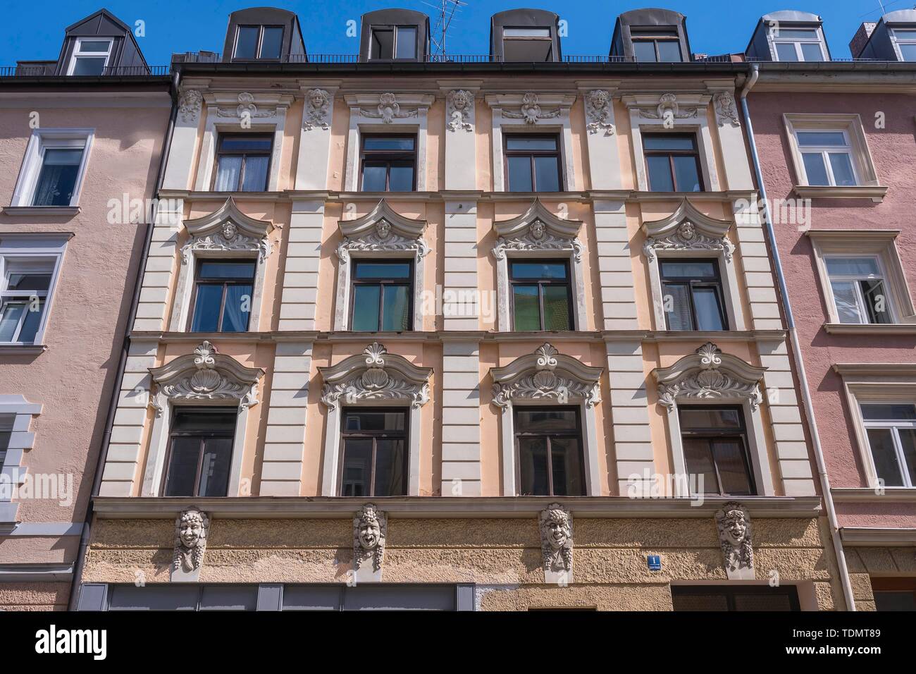 Facade with stucco, Giesing, Munich, Upper Bavaria, Bavaria, Germany ...