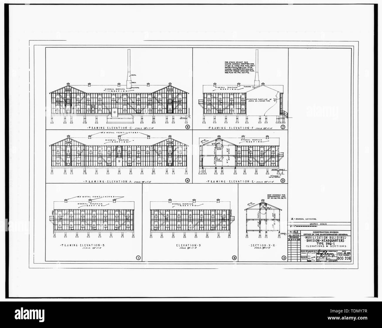 PLAN 800-206; DIVISION HEADQUARTERS TYPE DHQ-1, ELEVATIONS and SECTIONS ...